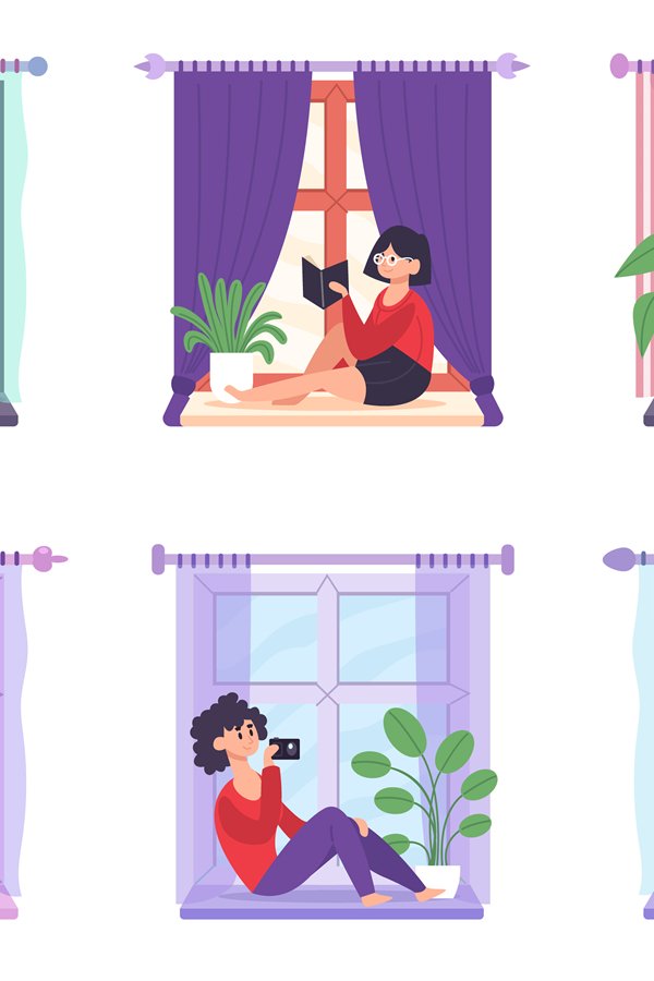 Girls in windows. Young women sitting on windowsill