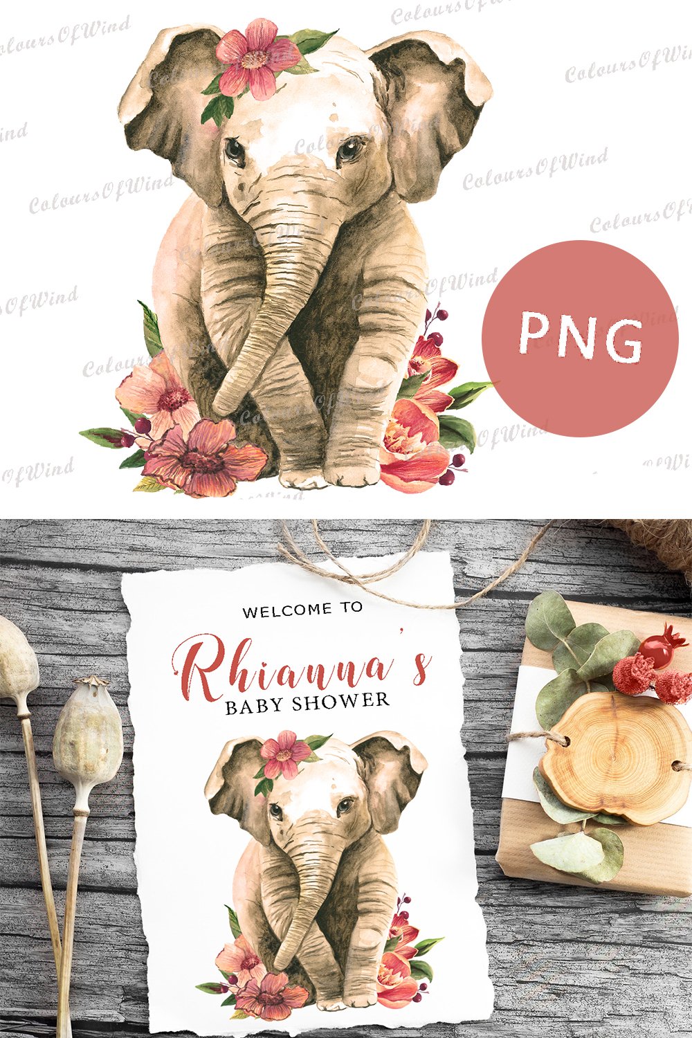 Watercolor Baby Elephant in Pink Flowers Sublimation PNG