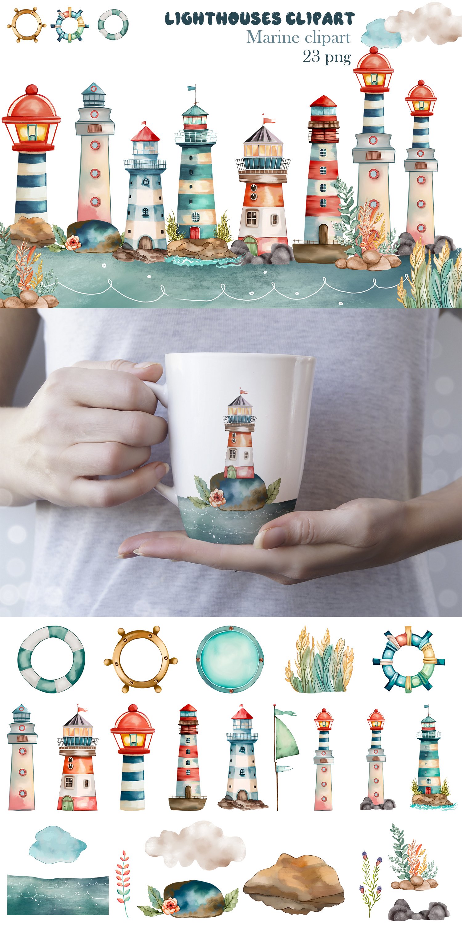 Colorful watercolor lighthouses set. Kids Art