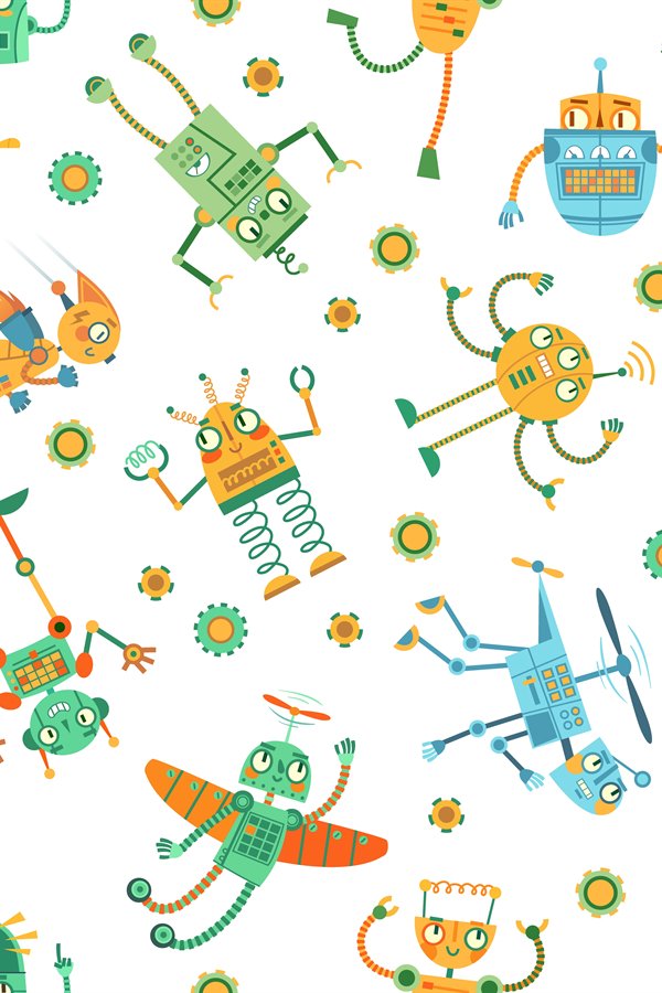 Seamless robots pattern. Robot rocket, colorful robotic dog