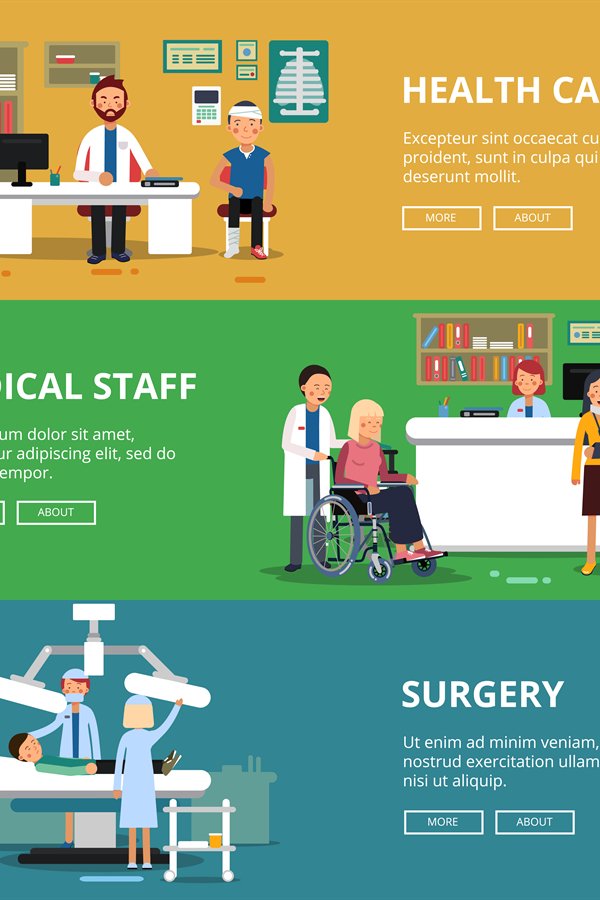 Three horizontal vector banners of healthcare concept pictur