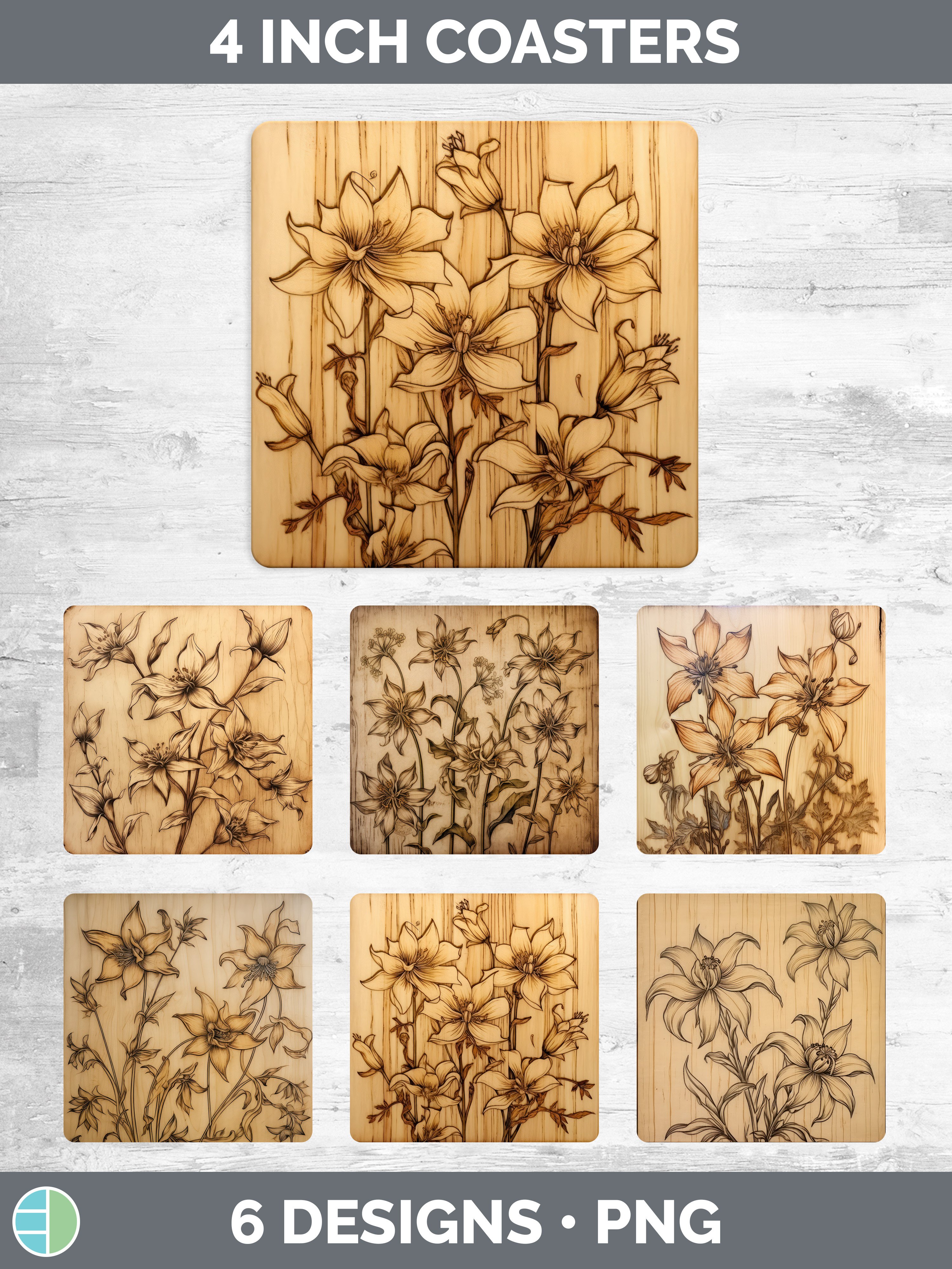 Wood Burned Columbine Flowers Square Coaster | Sublimation C
