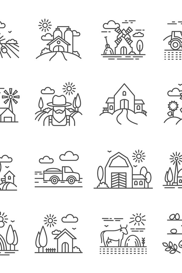 Line rural and farm landscapes with fields, barns and machin