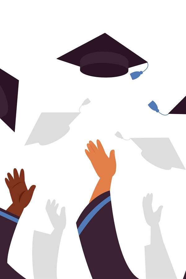 Throwing graduation caps. Cap flying up, student education c