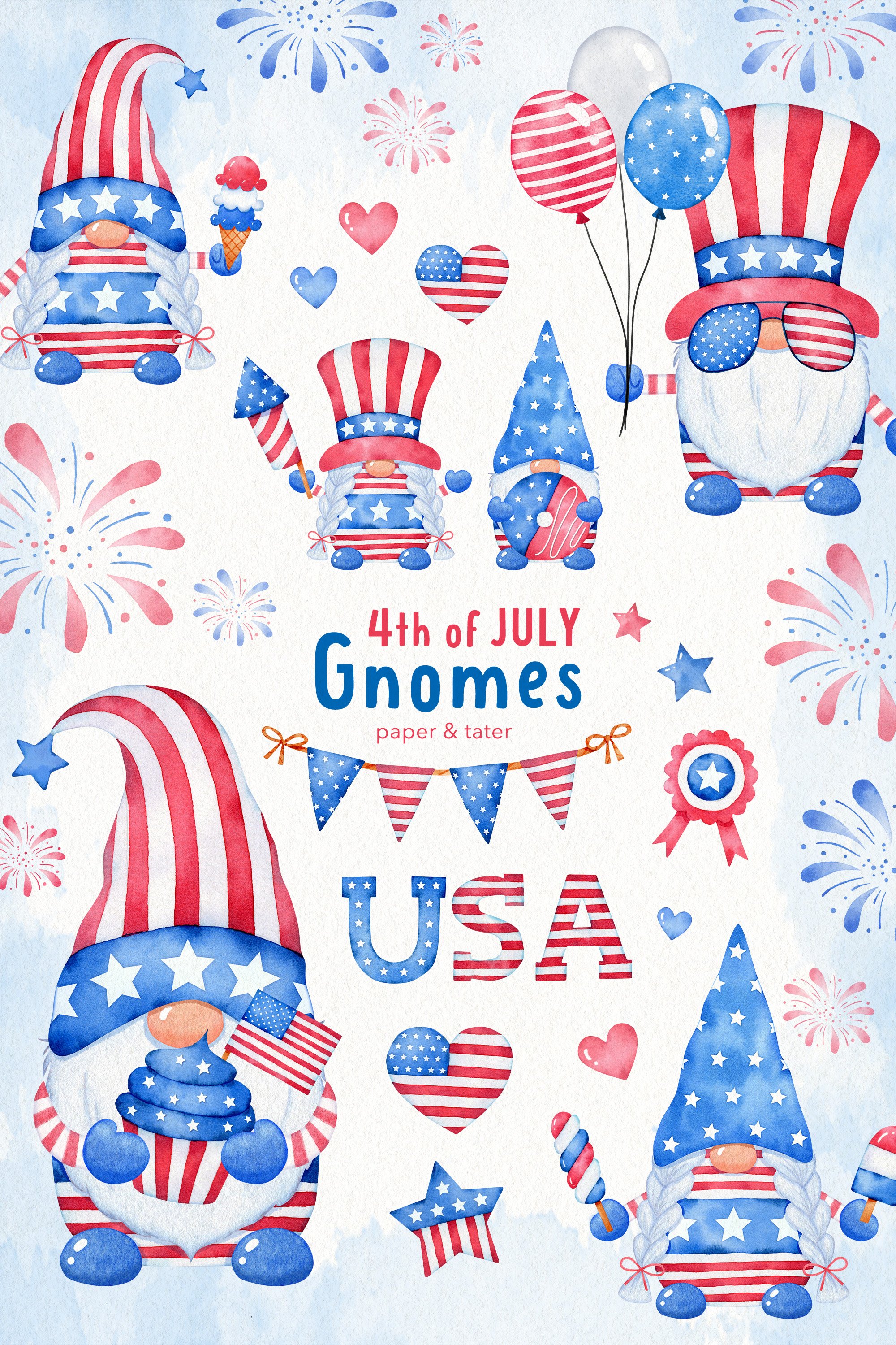 Watercolor 4th of JULY Gnomes Clipart, Independence Day PNG