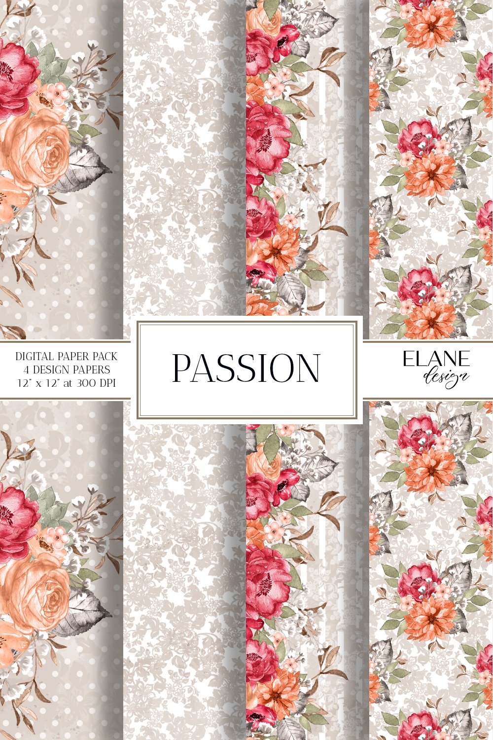 Floral Digital Paper, Red Purple Orange Flowers (4947816)