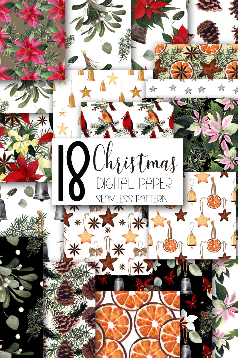 Christmas watercolor digital paper bundle, seamless pattern