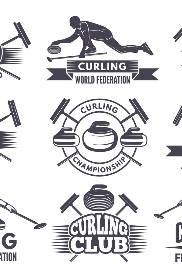Monochrome badges of curling. Labels for sport teams