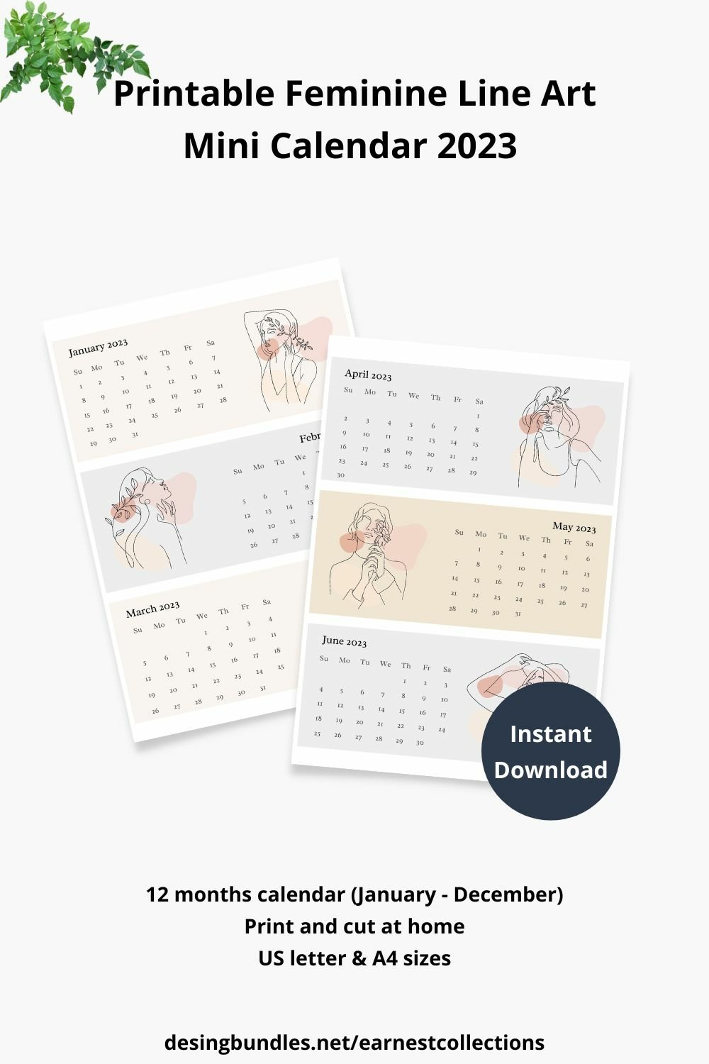 Printable feminine line art mini calendar 2023