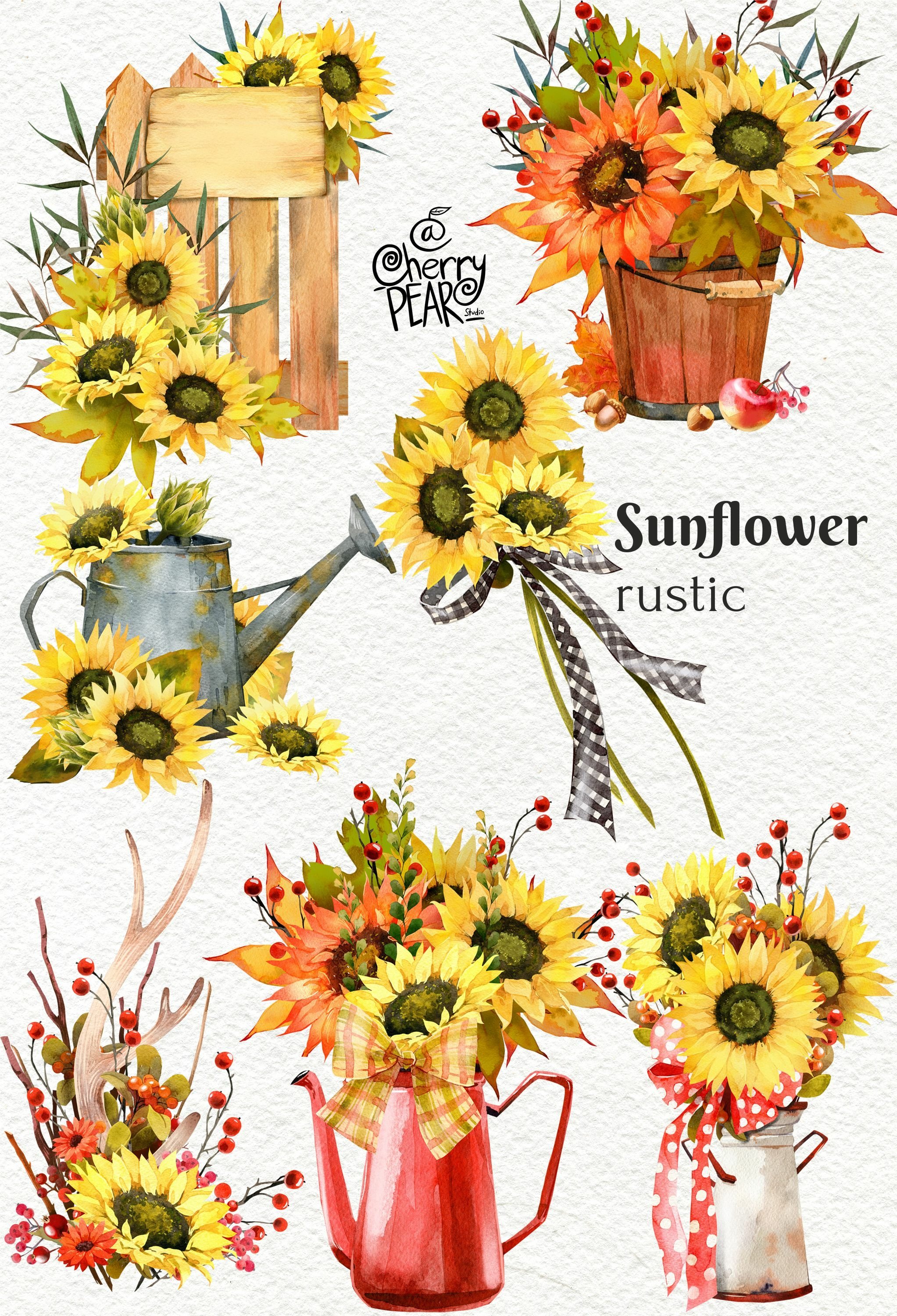 Watercolor Fall Sunflower , rustic clipart (1452609)