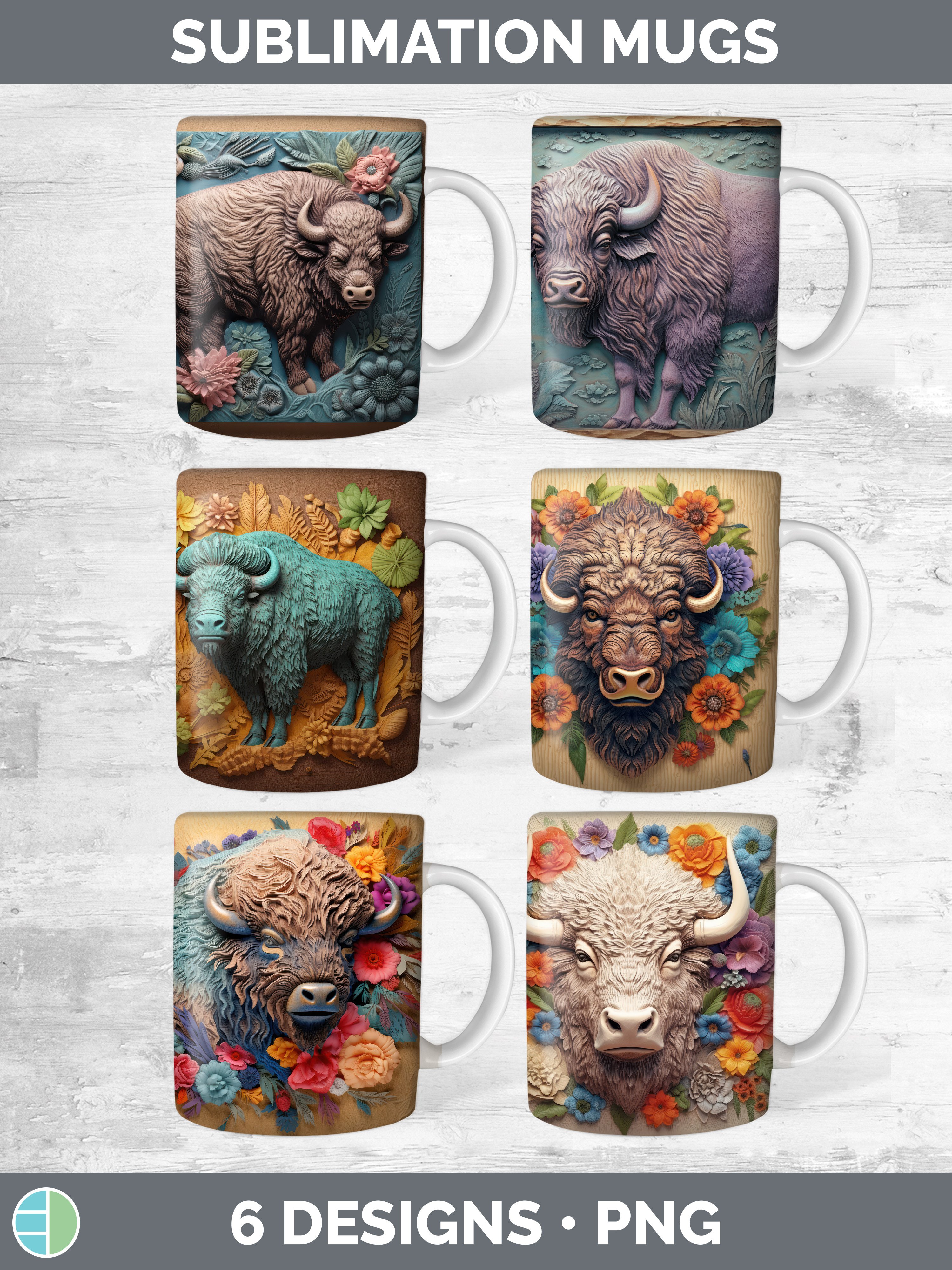 3D Bison Mug Wrap | Sublimation Coffee Cup Designs Bundle