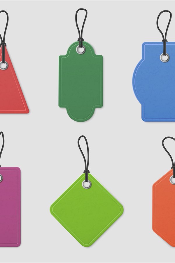 Color paper price tag labels. Realistic colored shopping han