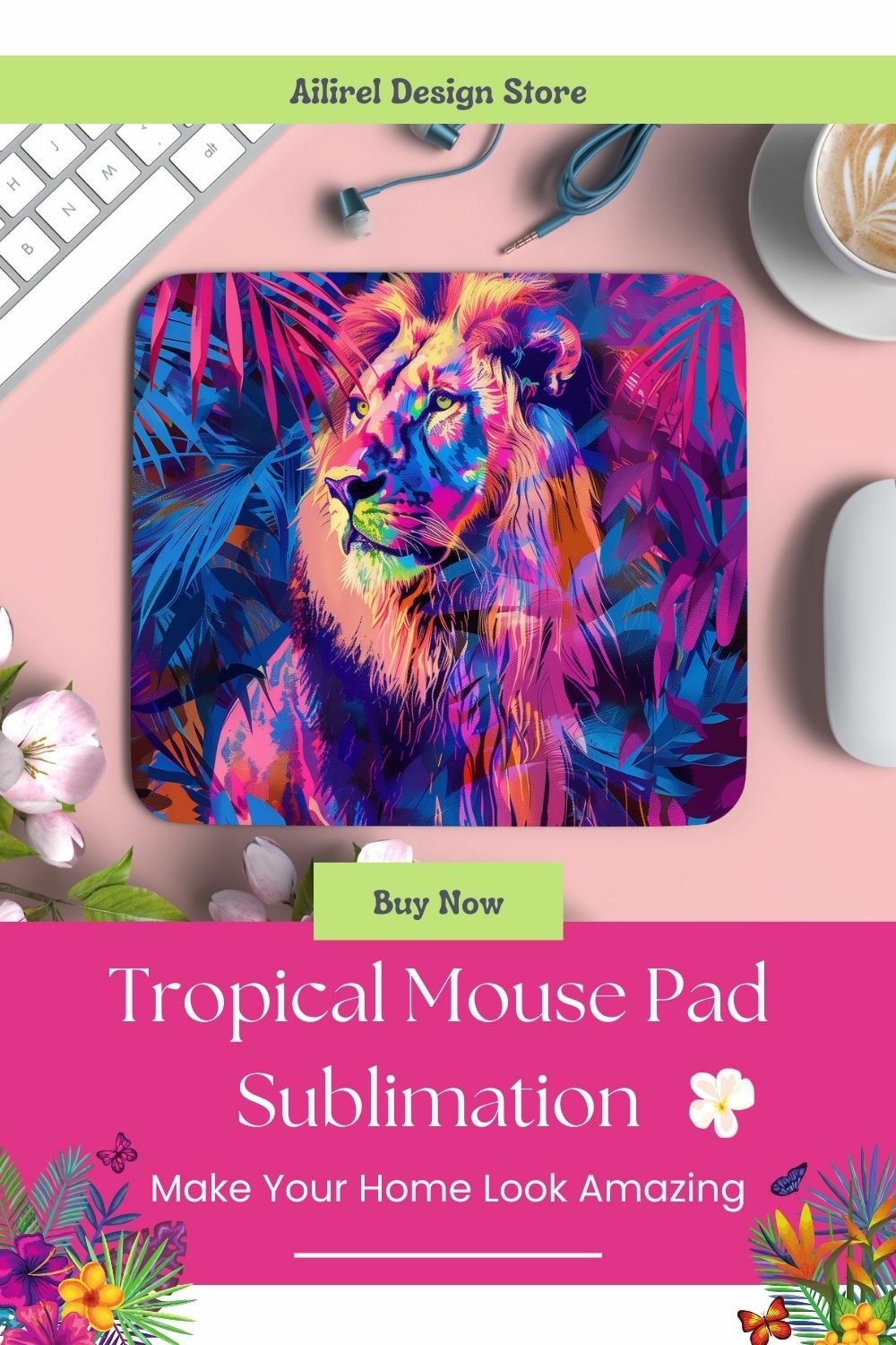 Neon Lion Mouse Pad Sublimation Design