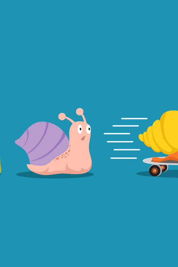 Fast and slow snails. Snail with wheels overtakes others in