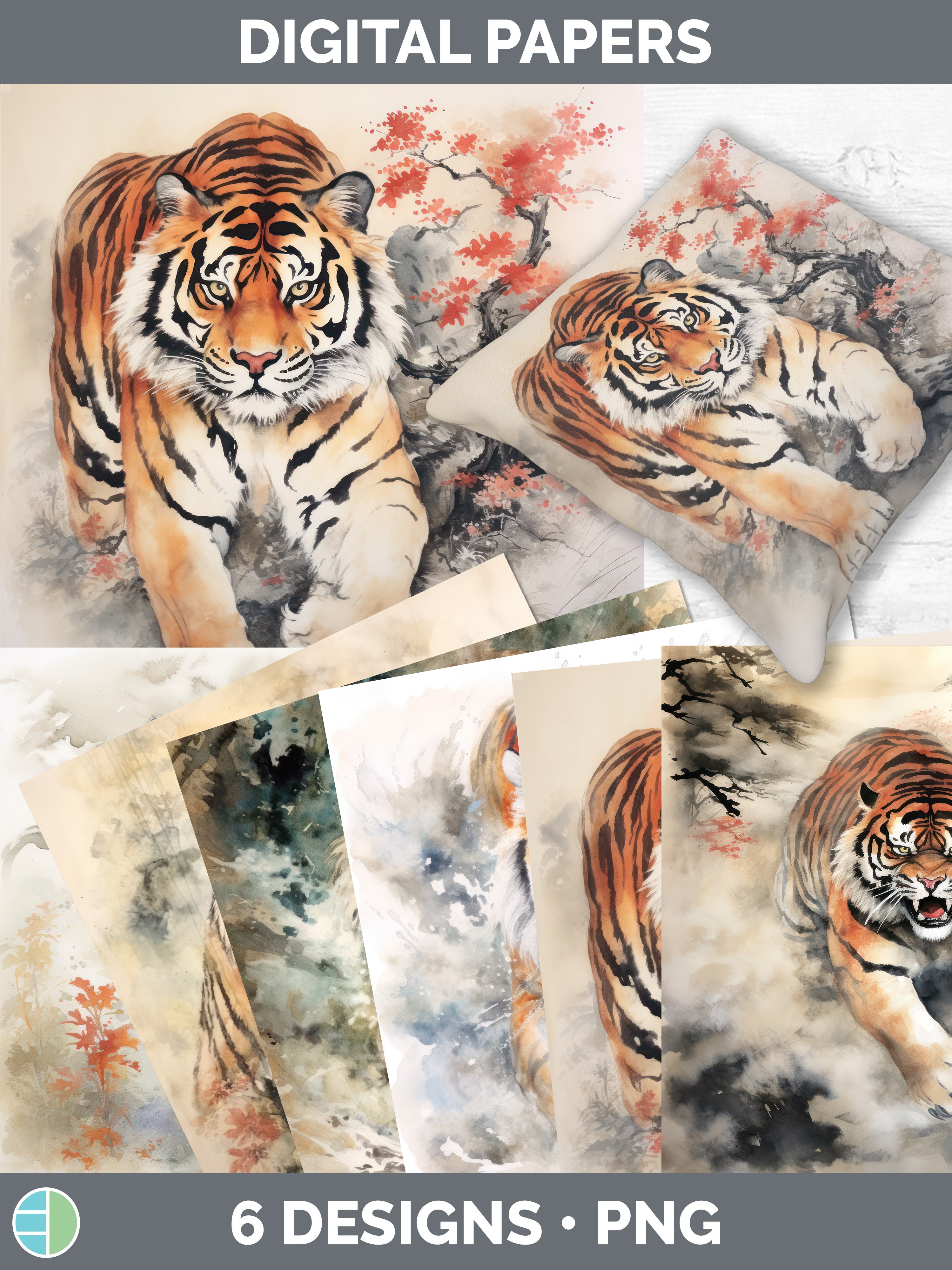 Japanese Watercolor Tiger Paper Backgrounds | Digital Scrapb