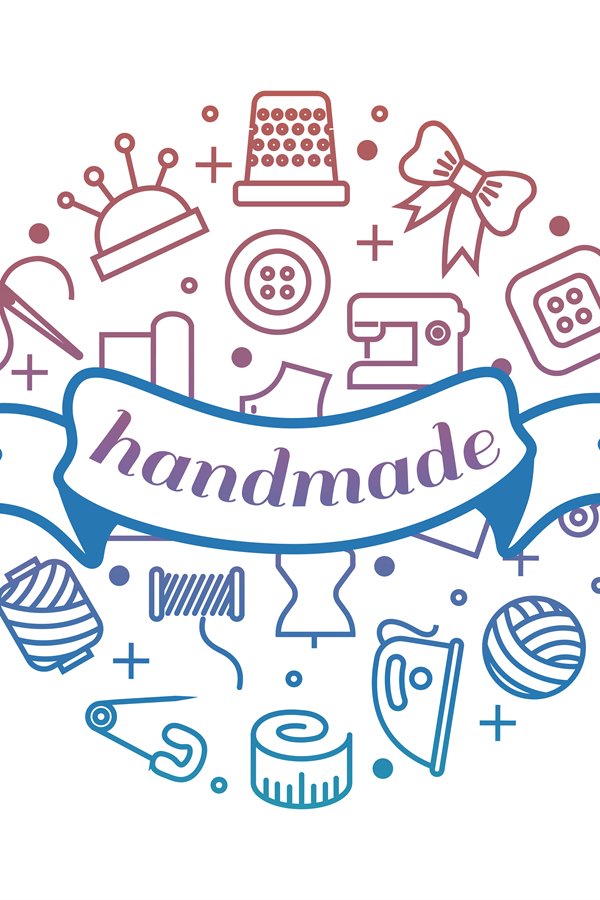 Bright handmade work round concept with line icons and banne