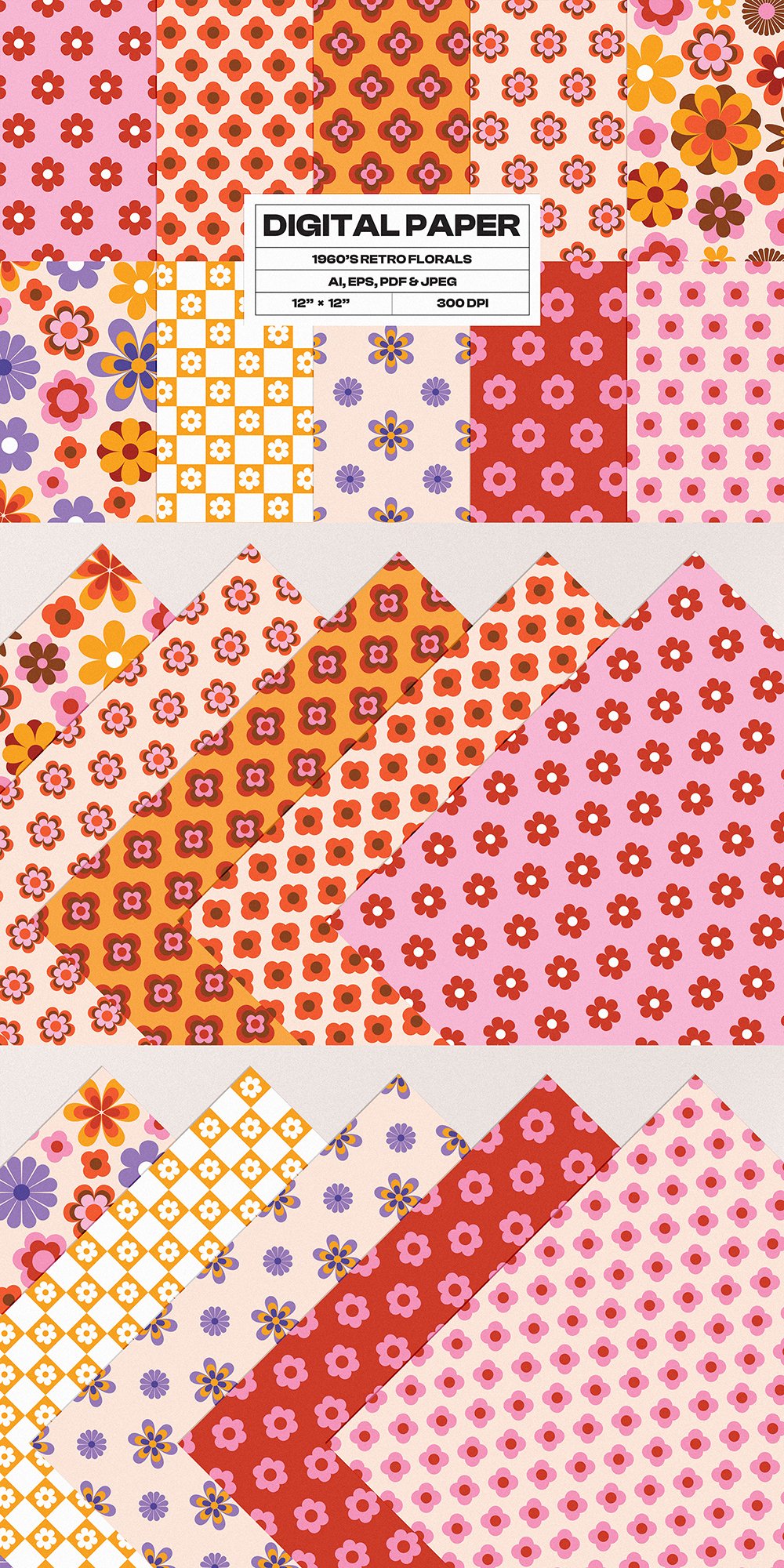 Retro Floral Digital Paper|60s, 70s Groovy (2270094)