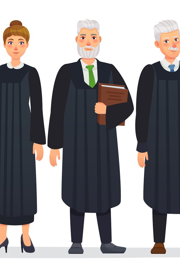 Judges team. Law judge in black robe costume, court people a