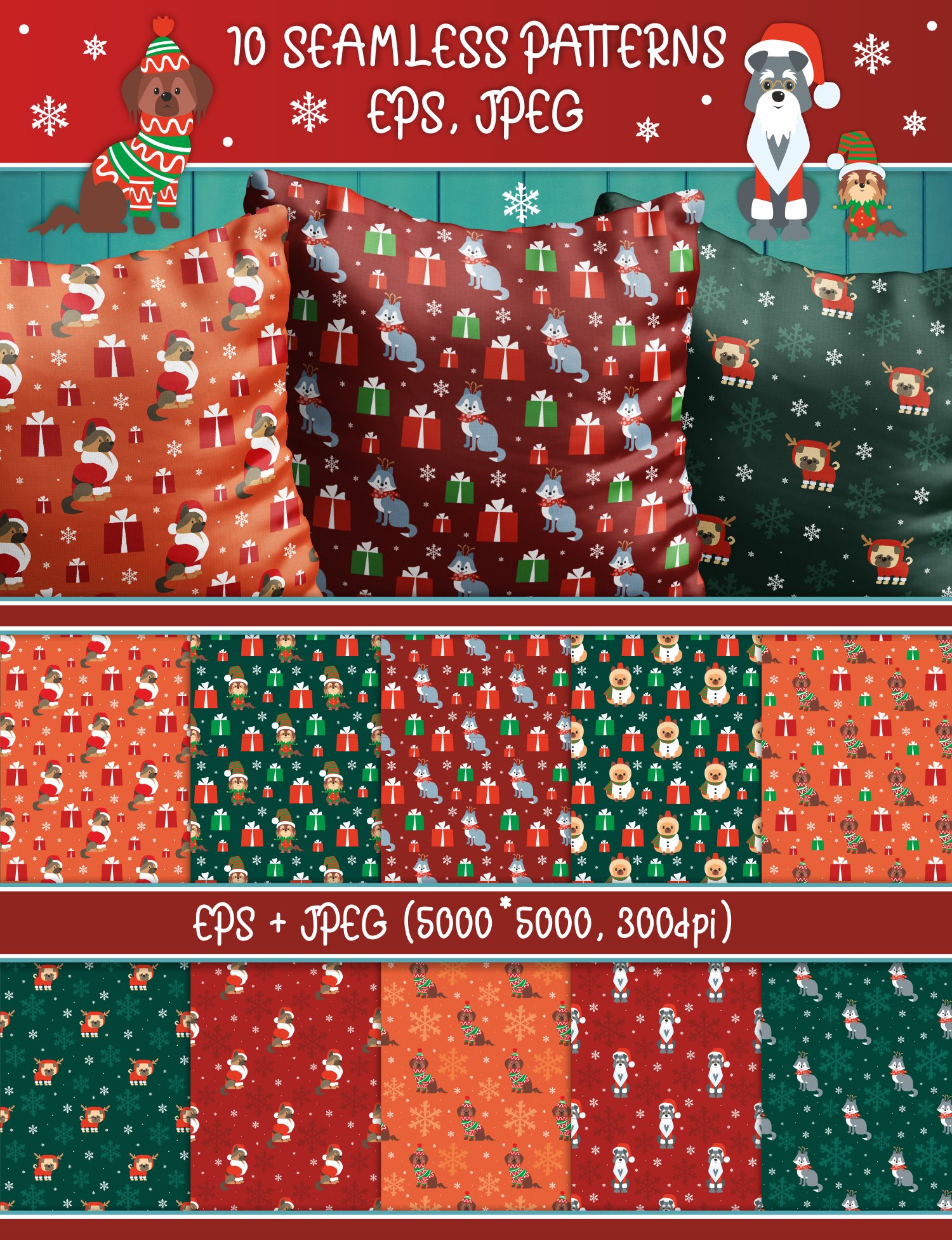 Woof. Christmas seamless patterns with cute doggies