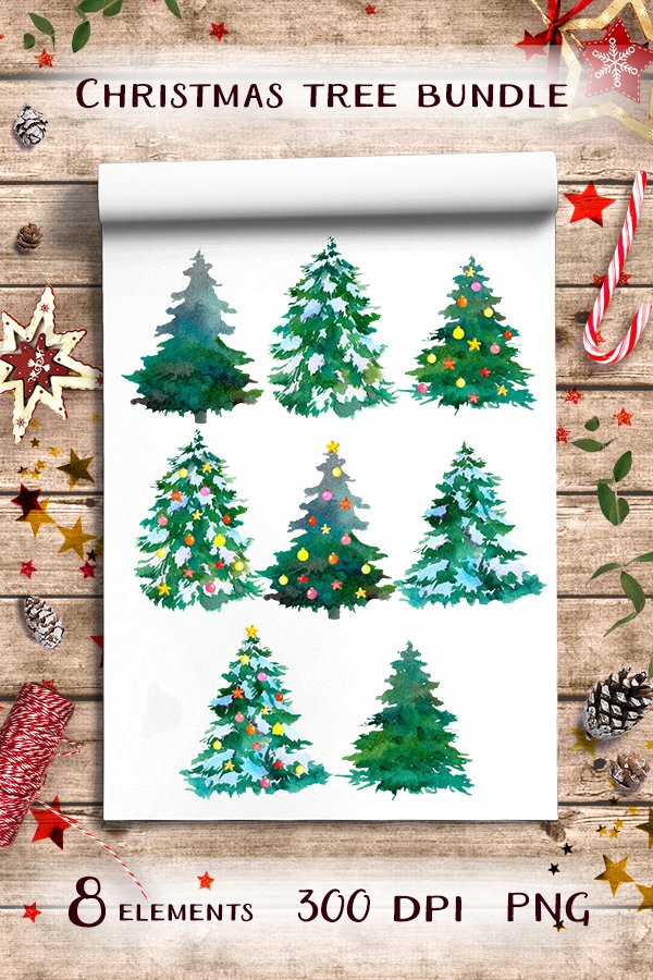 Christmas tree sublimation watercolor bundle, PNG clipart