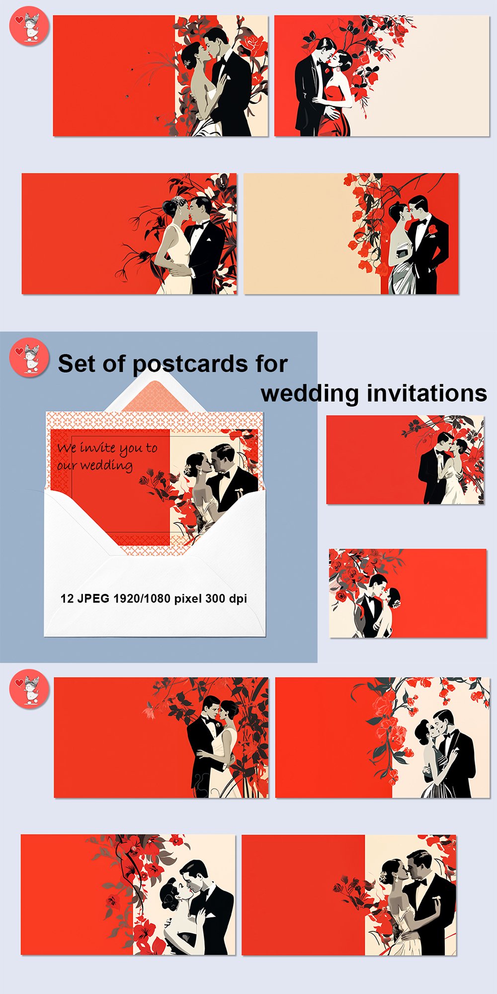 Set of postcards for wedding invitations