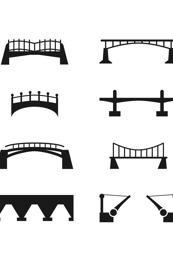 Vector black bridges icons isolated on white urban construct