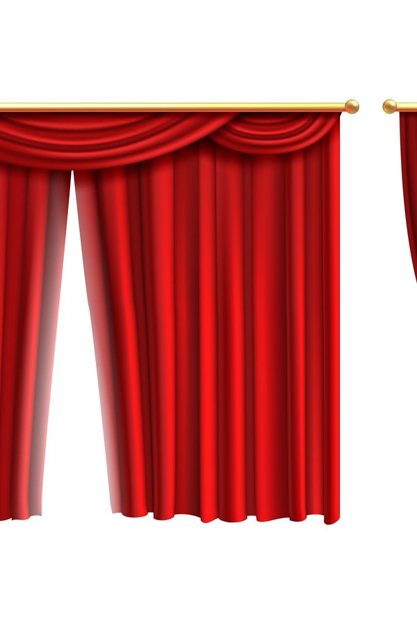 Realistic red curtains. Luxury curtain cornice open and clos