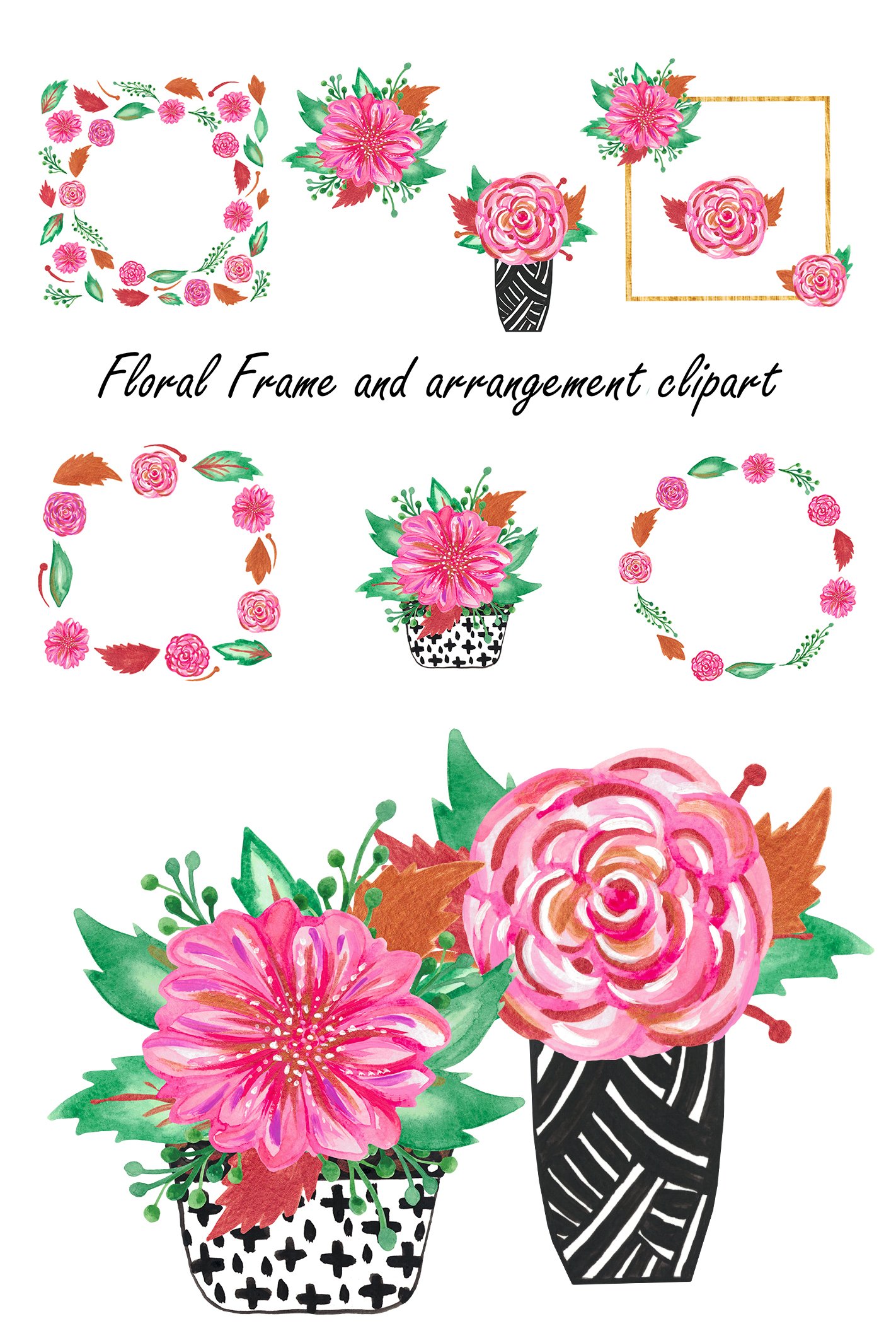 Pink flowers clipart. Watercolor floral frame