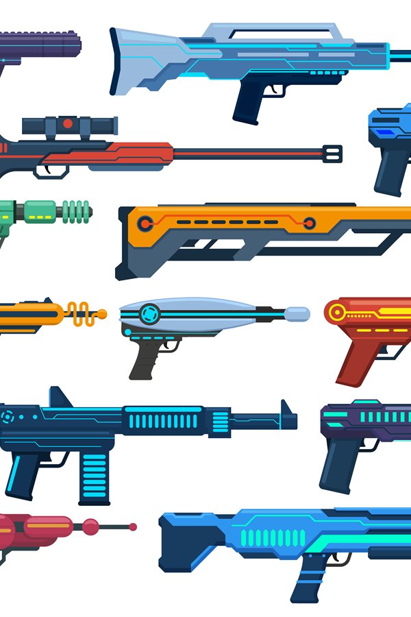 Game futuristic blasters. Space aliens laser, space blasters