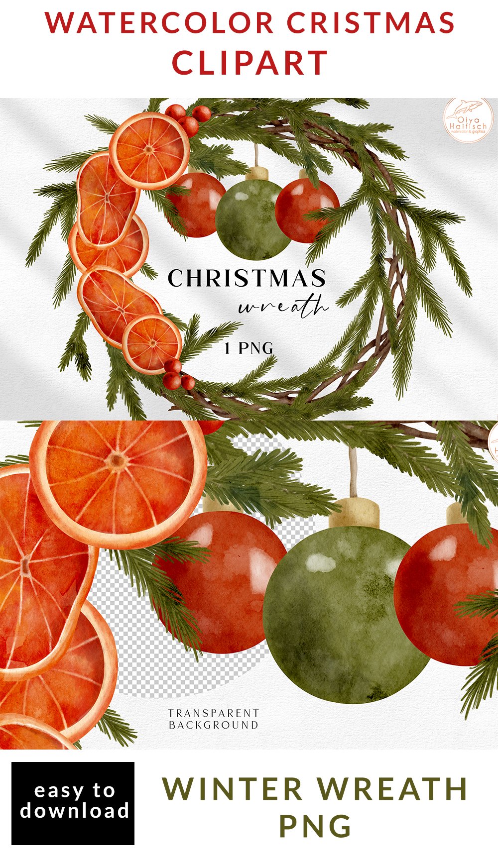 Watercolor Christmas Wreath Clipart