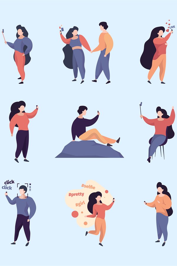 Selfie people. Characters make photo on smartphone persons h