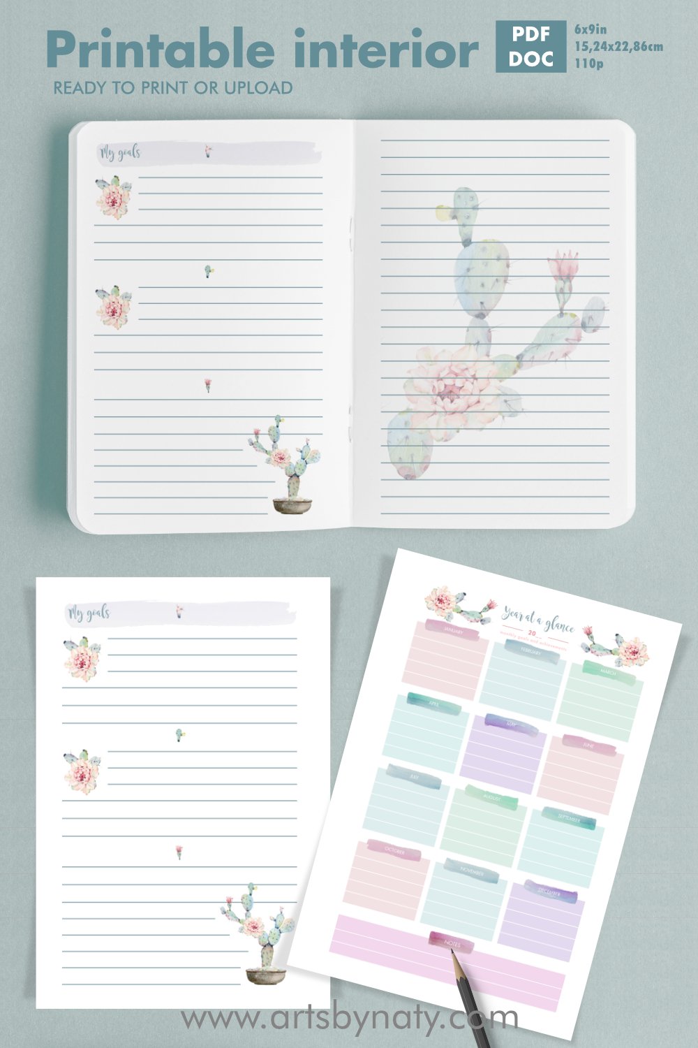 Watercolor cactus | Yearly goals planner.