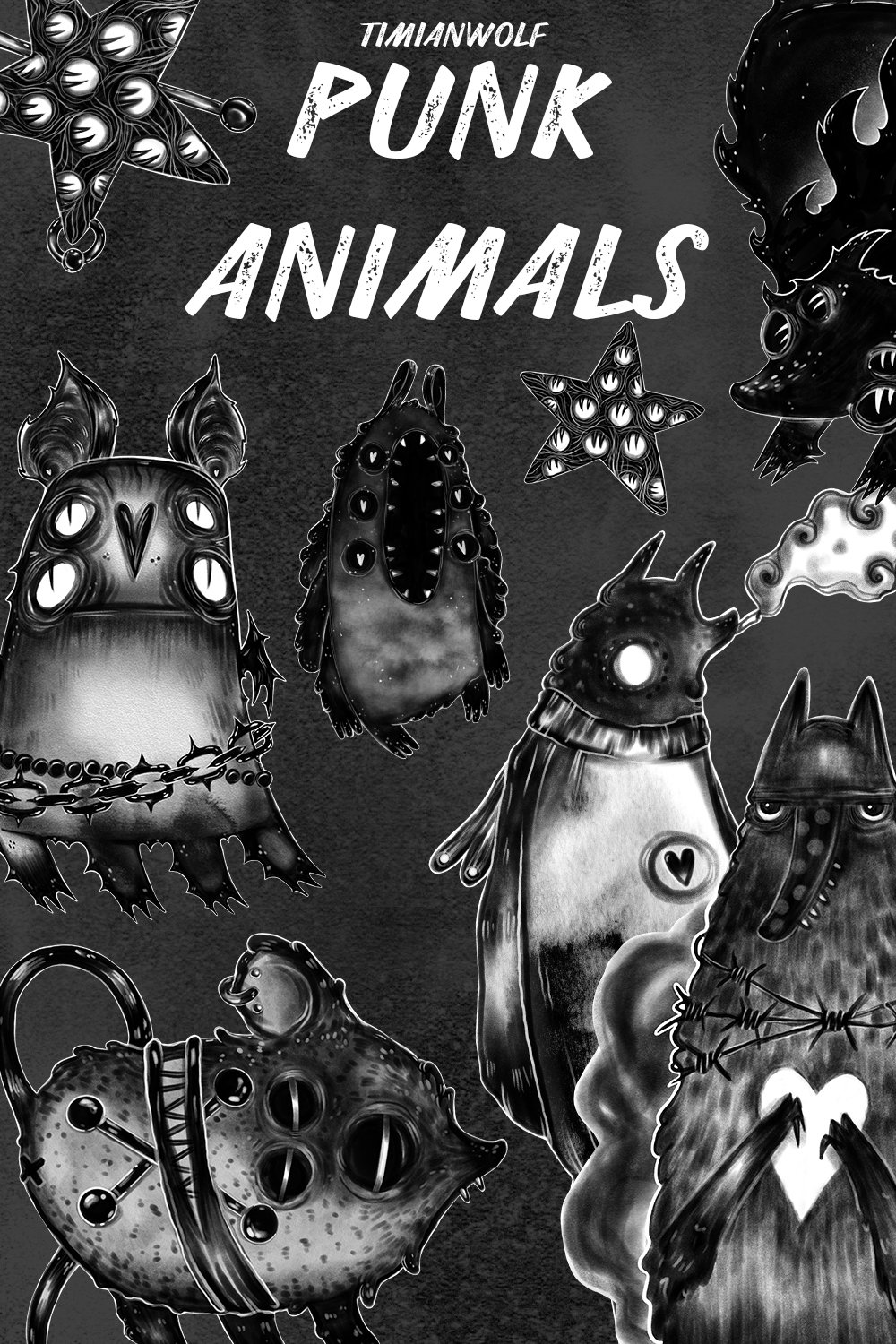 Punk animals clipart set PNG illustrations characters