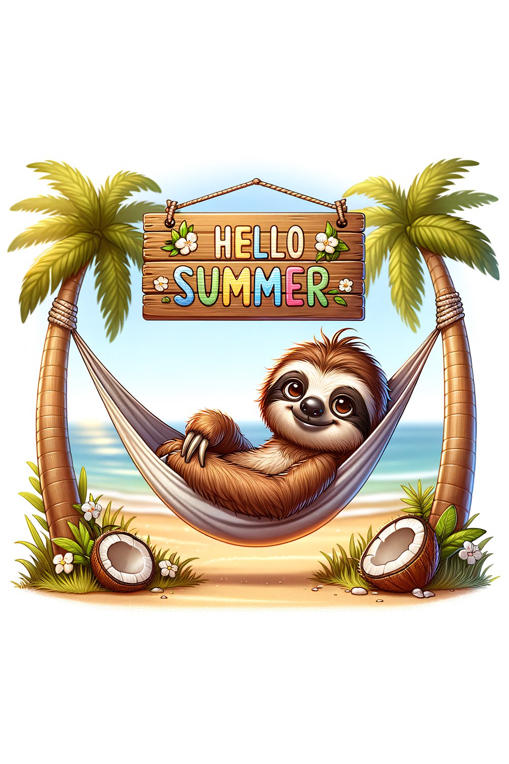 Sloth in Hammock, Hello Summer JPG sublimation Design