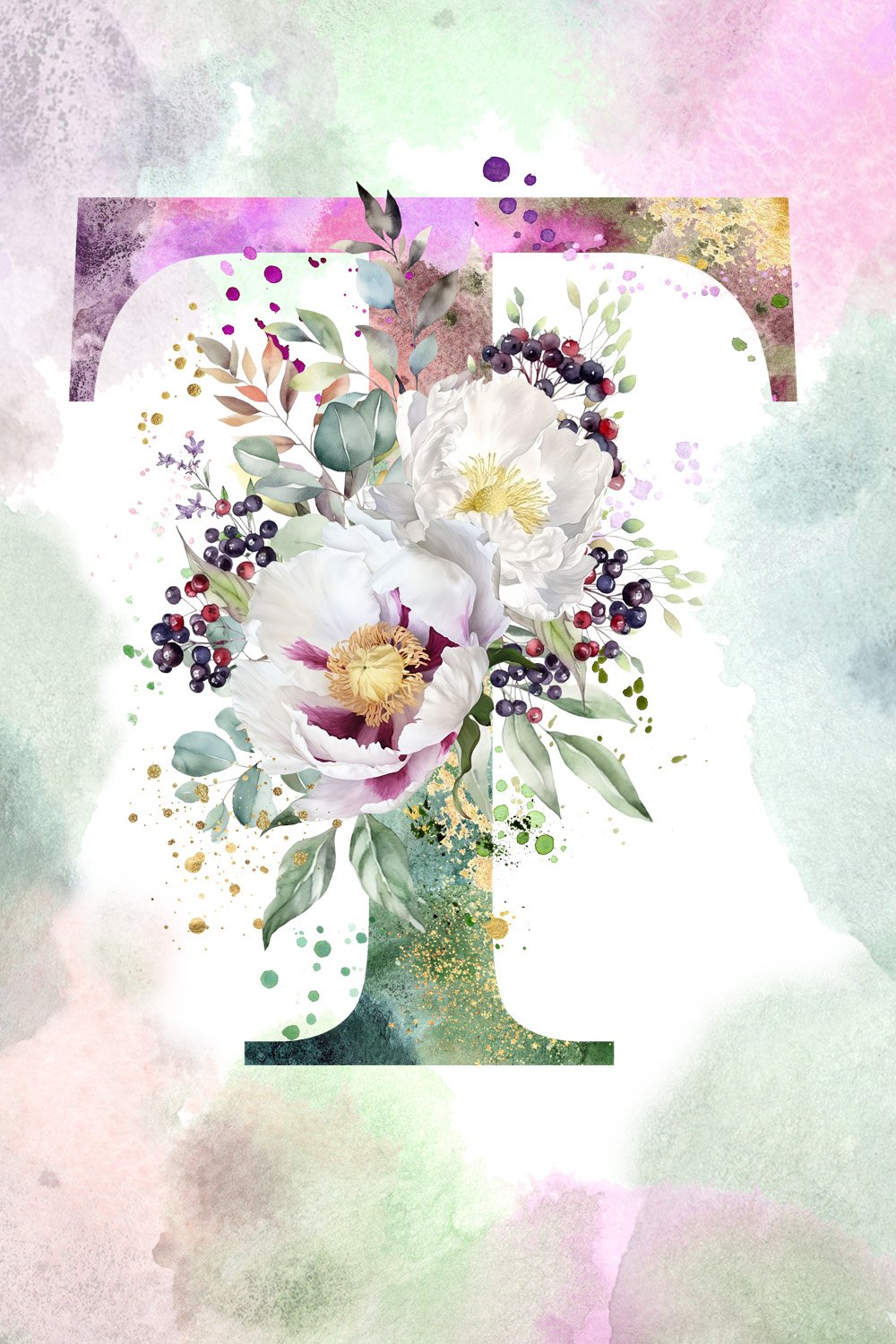 Watercolour Peony Letter. Monogram T. Sublimation Design