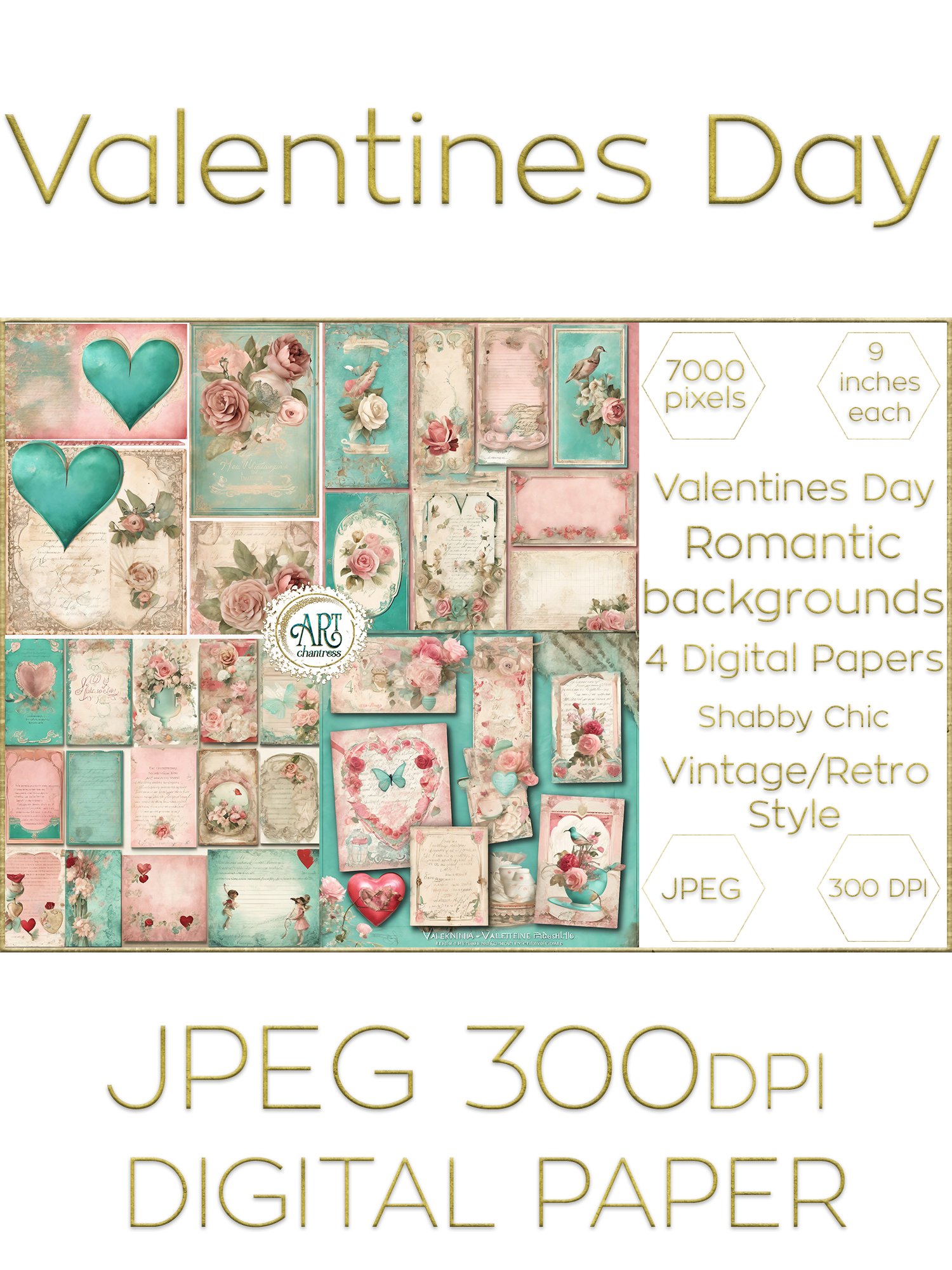 Valentines Day Heart Illustration Digital Paper Floral Green