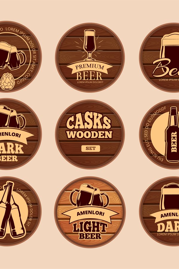 Wooden oak barrel signboards. Retro vector circle alcohol la