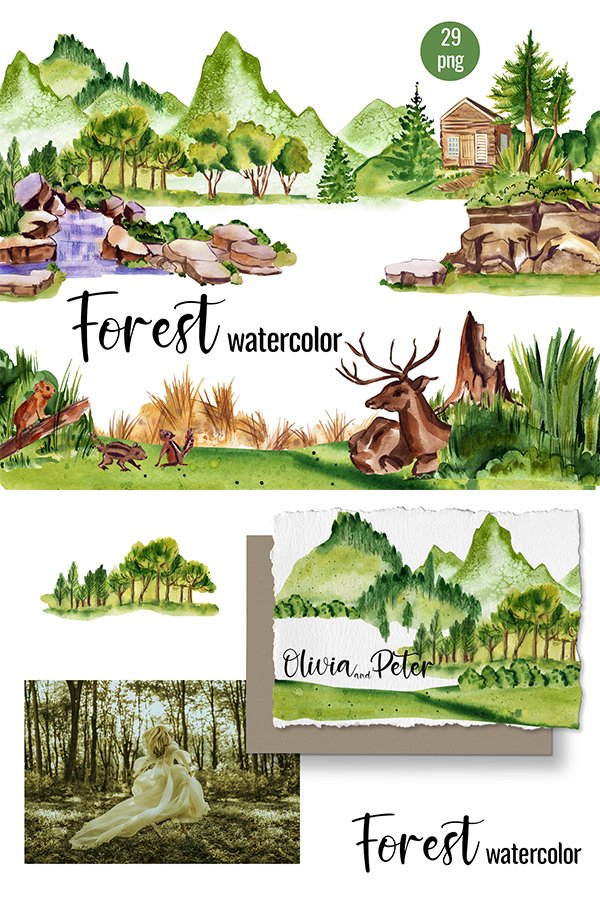 Watercolor Forest tree Clipart (1450756)