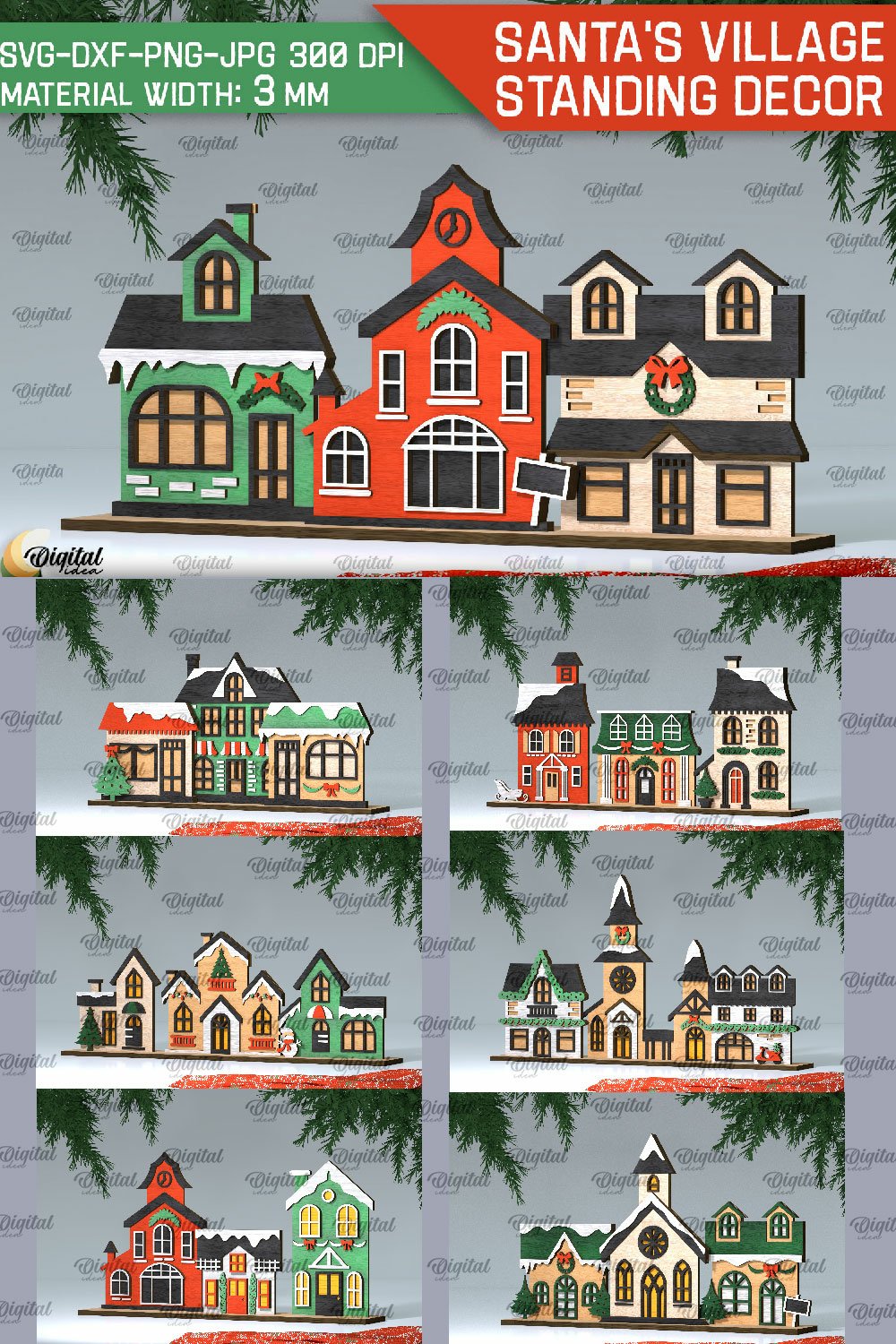 3D Santa's village Laser Cut Bundle. Xmas houses stand SVG
