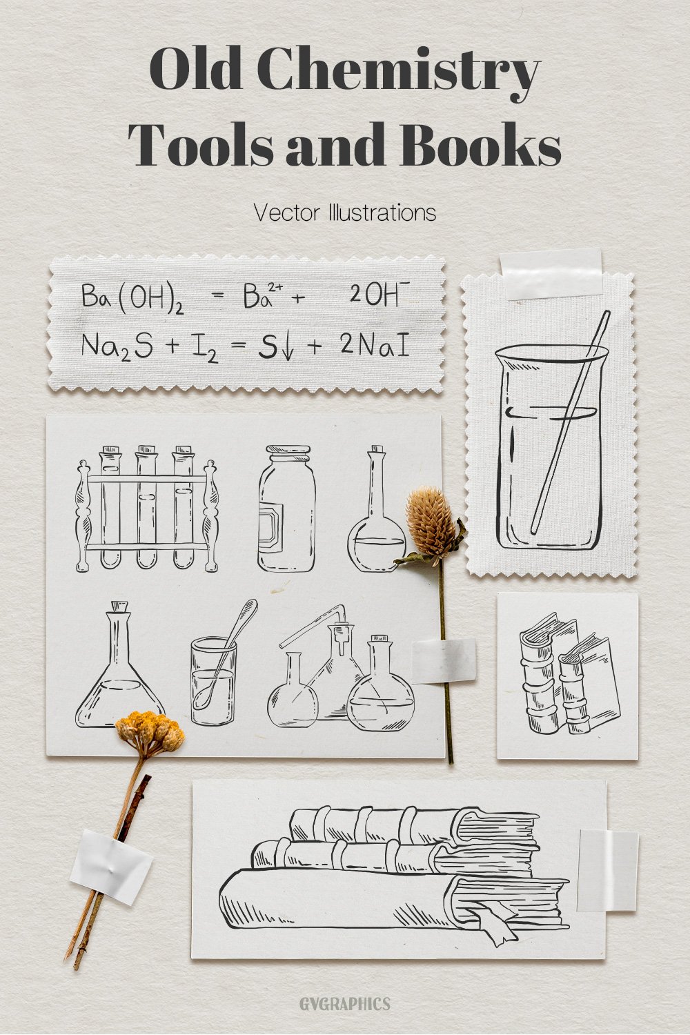 Old Chemistry Tools and Books Vector Illustrations