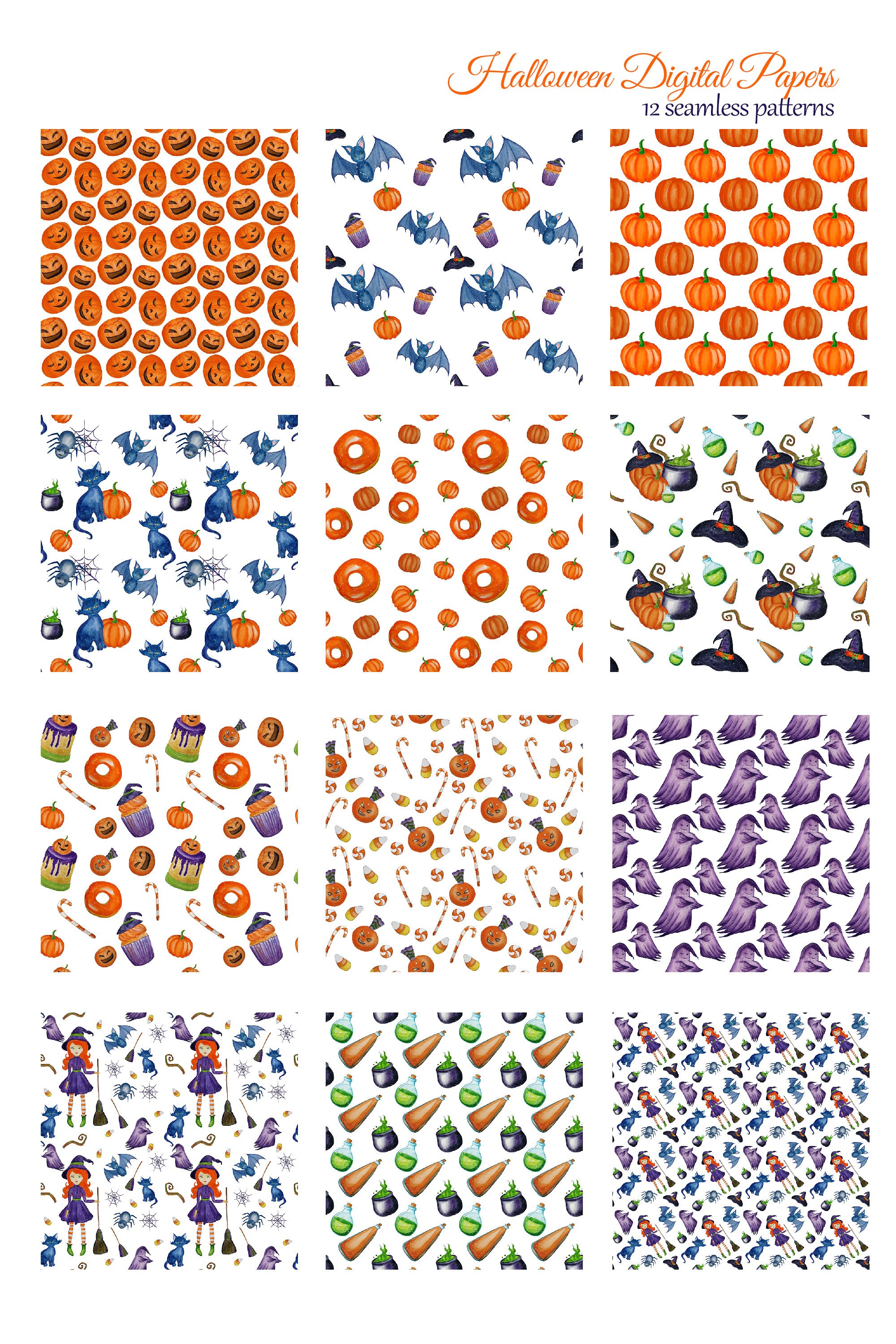 Halloween Digital Papers with cute Witch, Ghost, (807654)