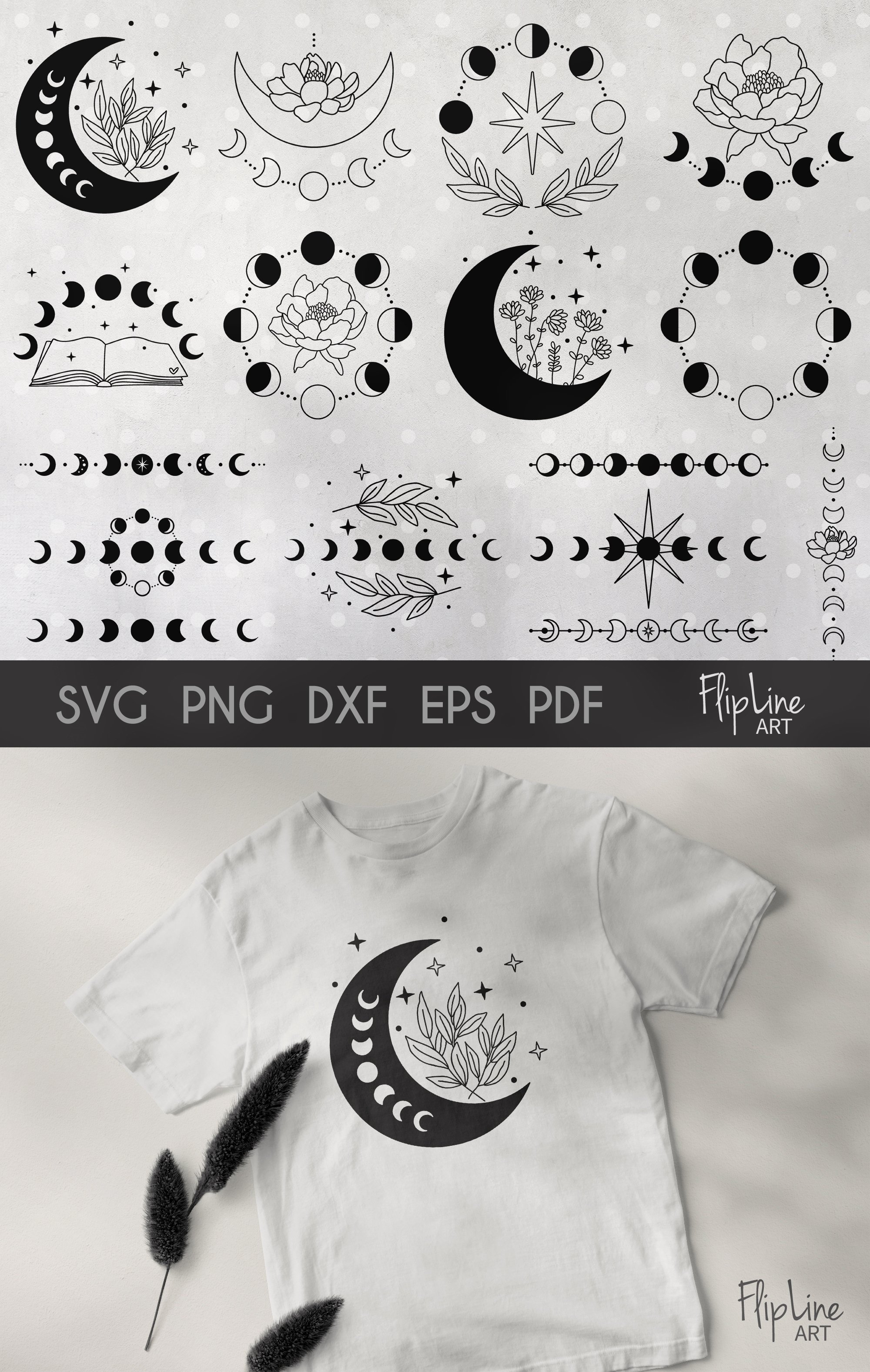 Moon phases bundle SVG & PNG Celestial clipart, Peony Floral