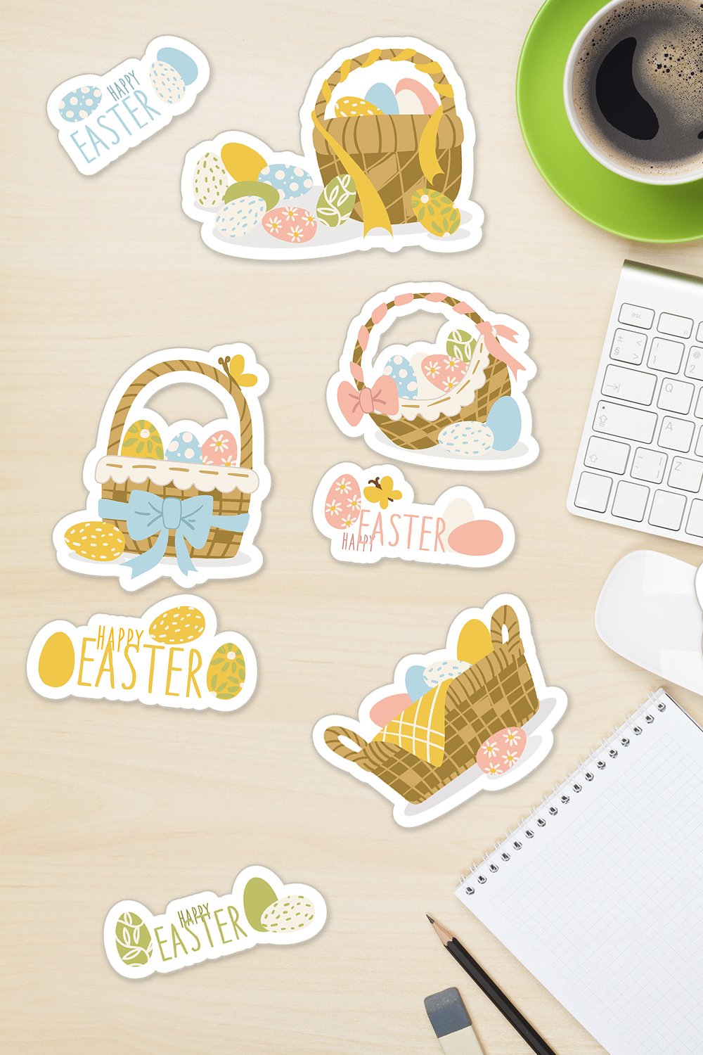Easter stickers. Baskets and inscriptions with eggs.