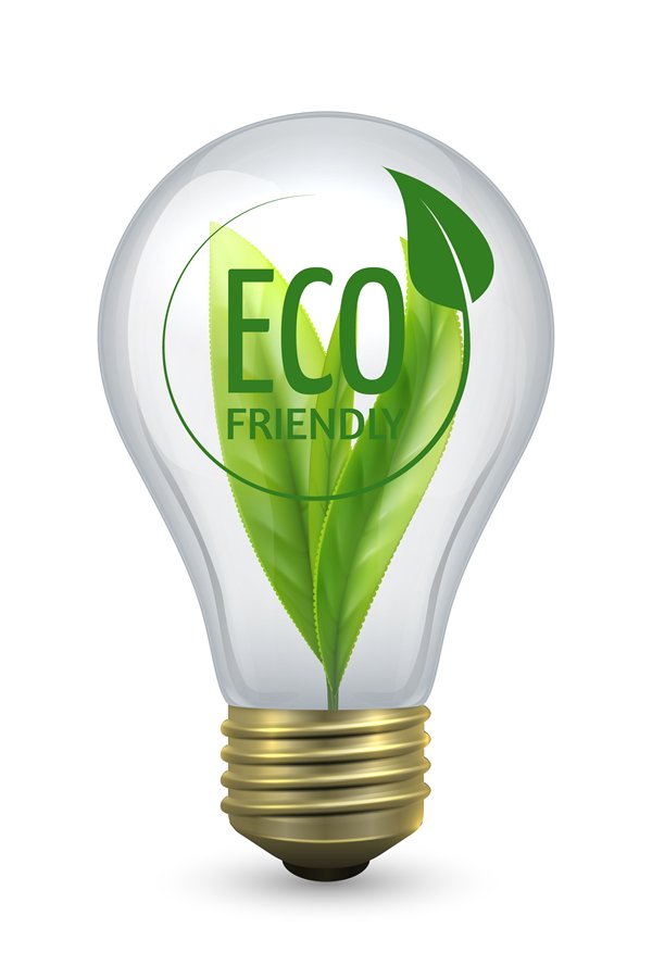 Eco friendly light bulb. Glass bulb with green leaf inside.