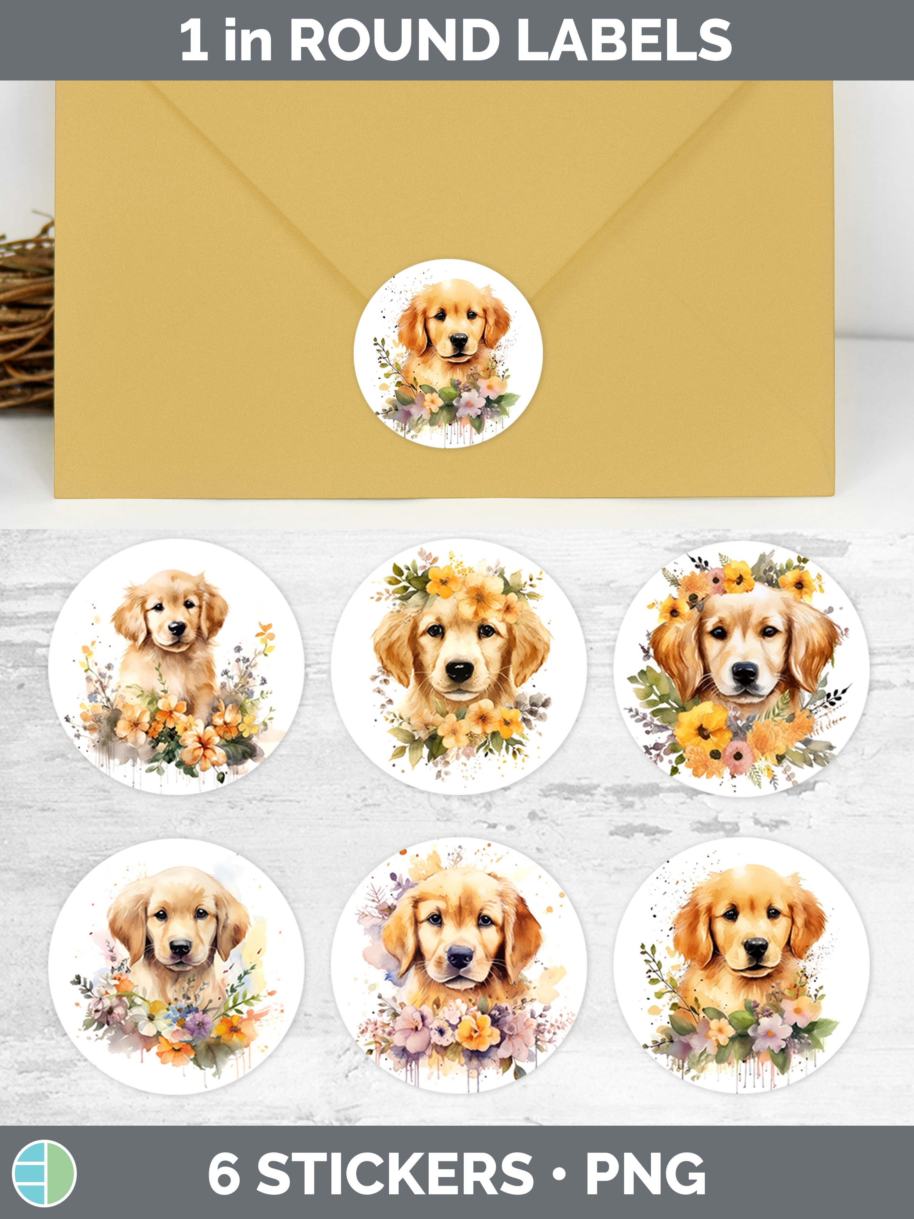 Watercolor Golden Retriever Dog Stickers | Round Labels Desi