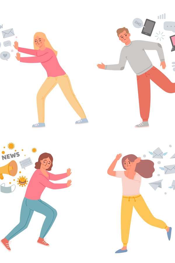 Information stress. Anxiety people running from data overloa