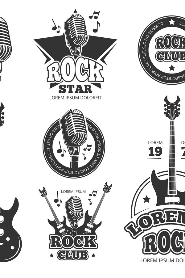 Vintage rock and roll music vector labels, emblems, badges,