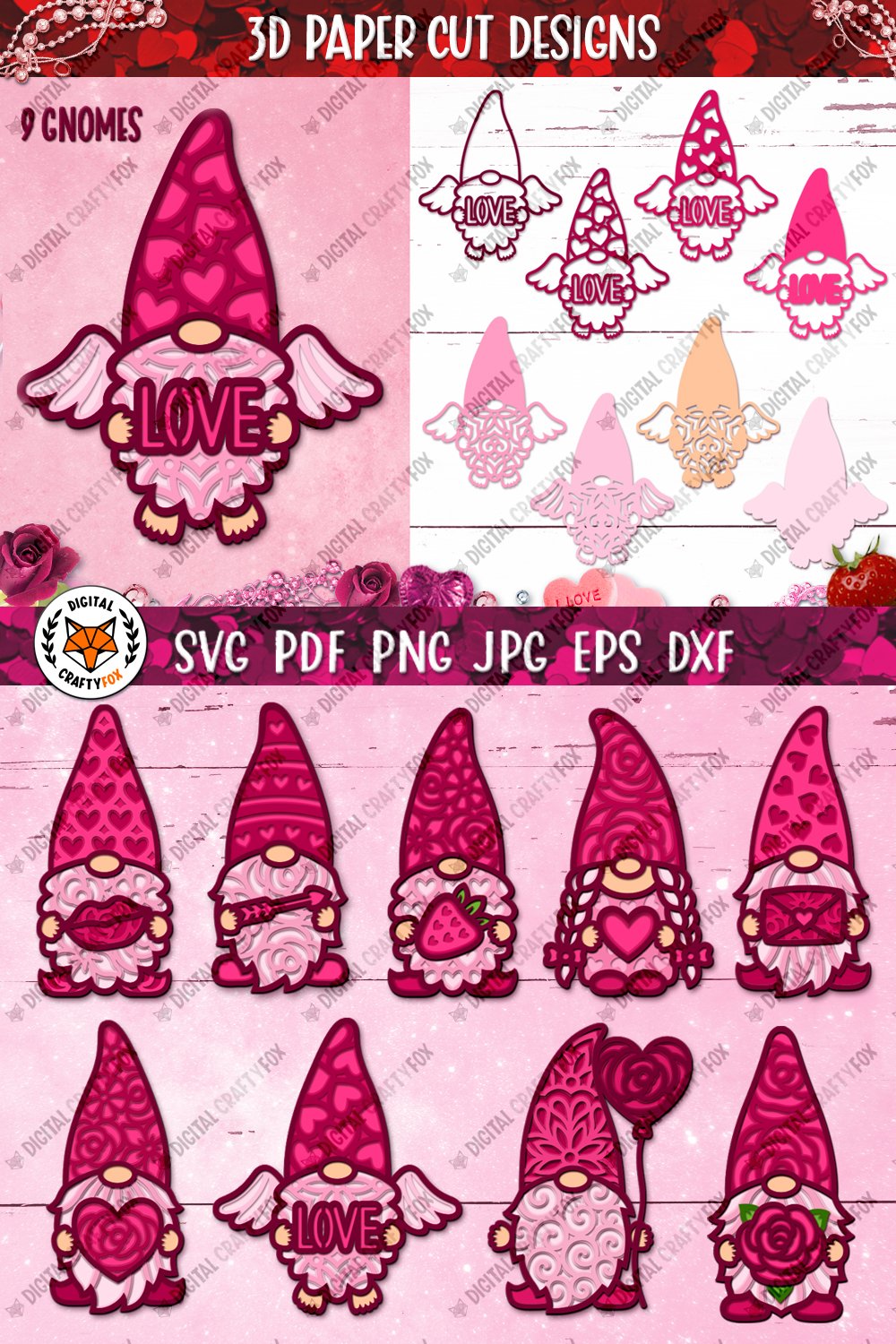 3D Gnome Valentine Bundle SVG | 3D Valentines Day Paper Cut