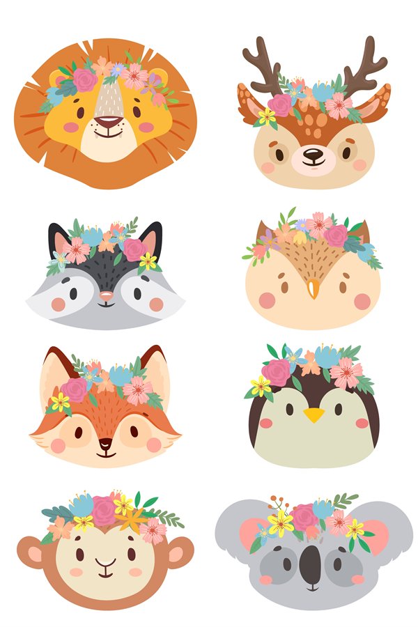 Funny animals in flower wreaths. Happy animal head with flow