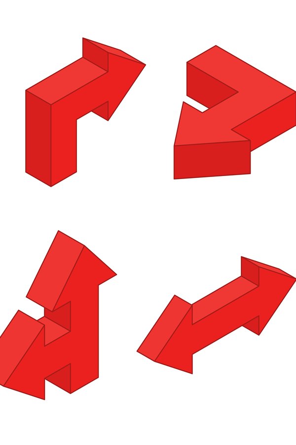 3D arrows. Isometric red multidirectional arrows vector set